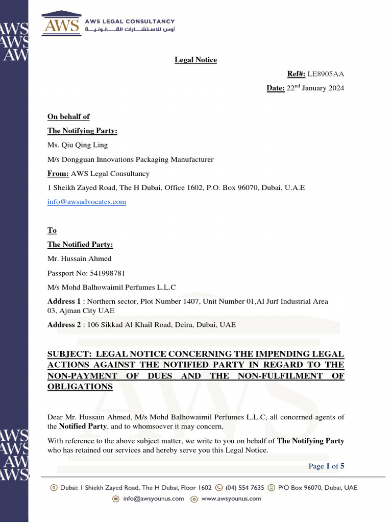 Legal Notice - LE8905AA | PDF | Damages | Legal Remedy