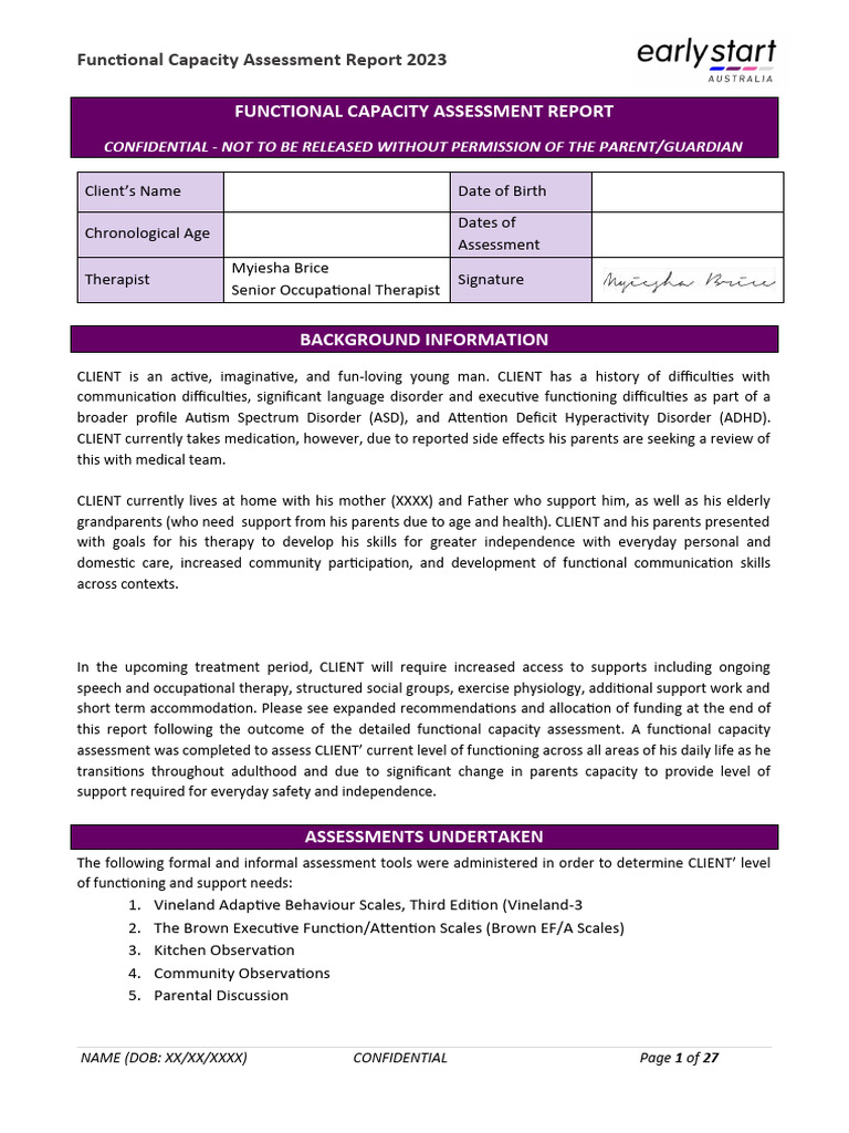 Adult Functional Capacity Assessment Example Pdf