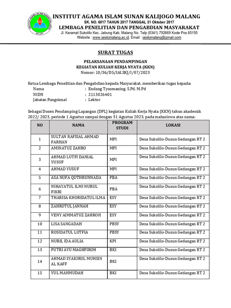 SK Tugas Dosen DPL Endang Tyasmaning | PDF