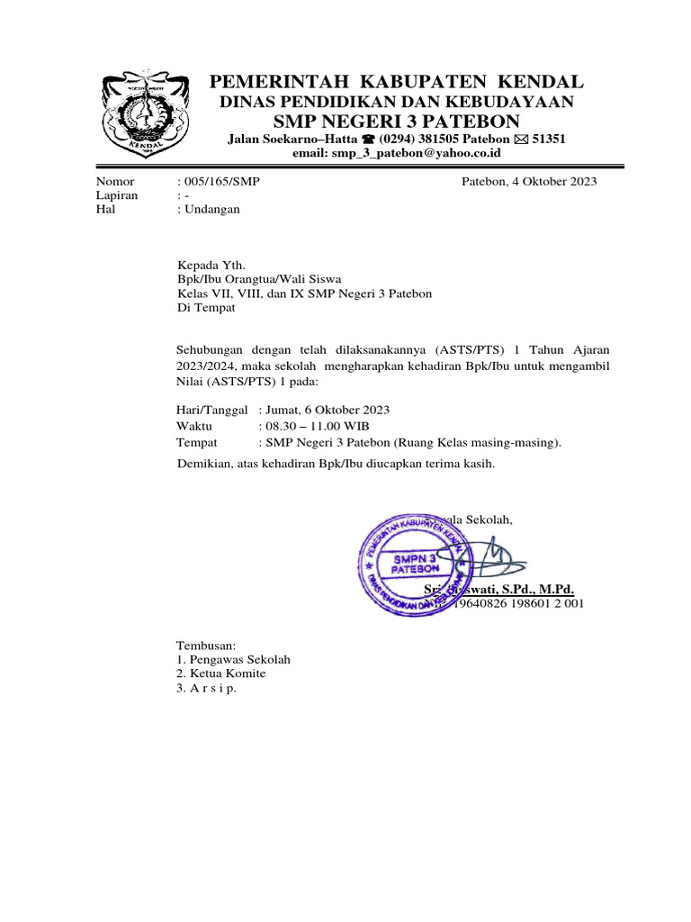 Undangan Pengambilan Rapor Pts 1 Ta 2324 | PDF