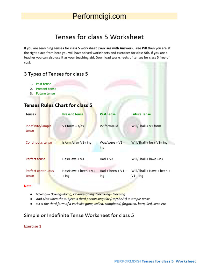 Tenses For Class 5 Worksheet PDF | PDF | Grammatical Tense | Perfect ...