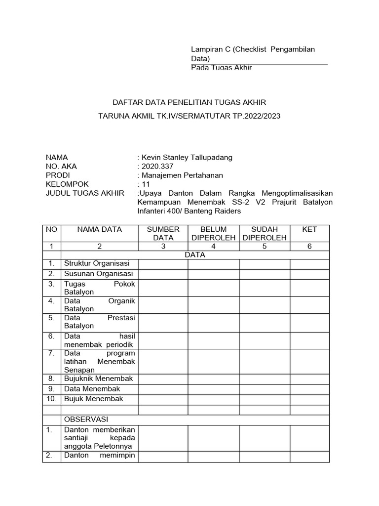 Contoh Checklist Pengambilan Data | PDF