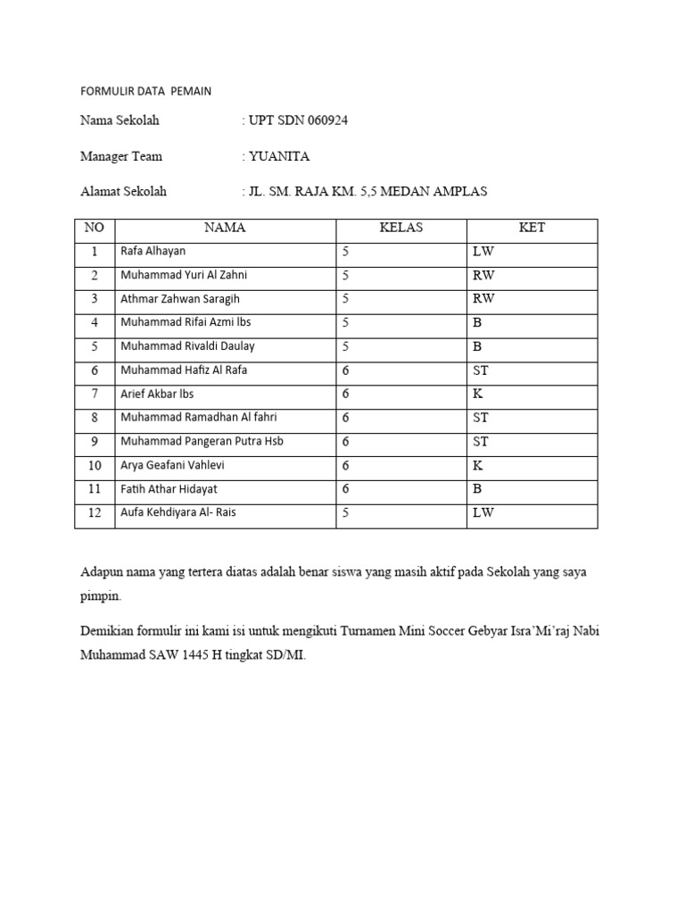 Formulir Data Pemain Upt SDN 060924 | PDF