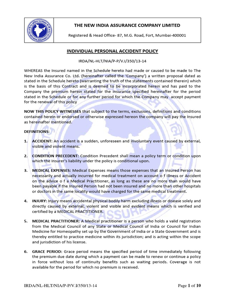Individual Personal Accident Policy | PDF | Insurance | Finger