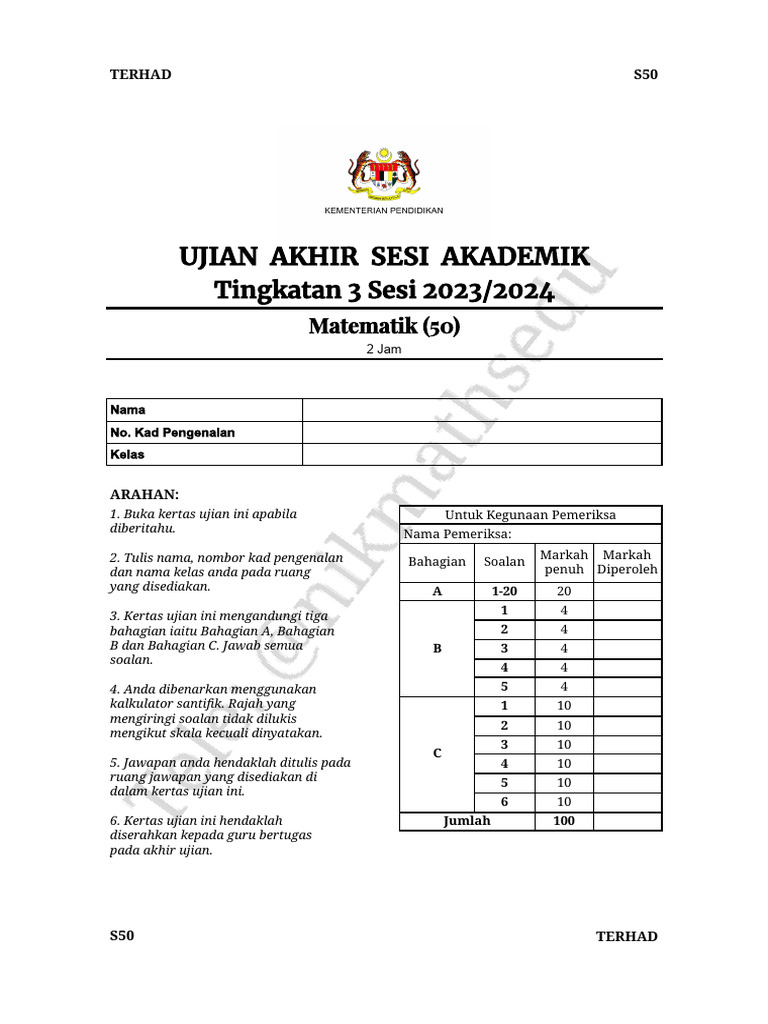 Math Uasa t3 BHG A | PDF