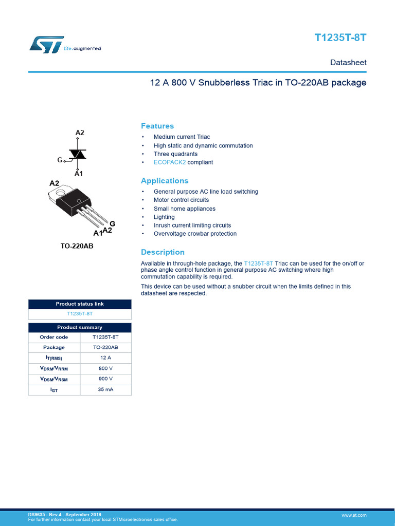 12 A 800 V Snubberless Triac in TO-220AB Package: Features | PDF ...