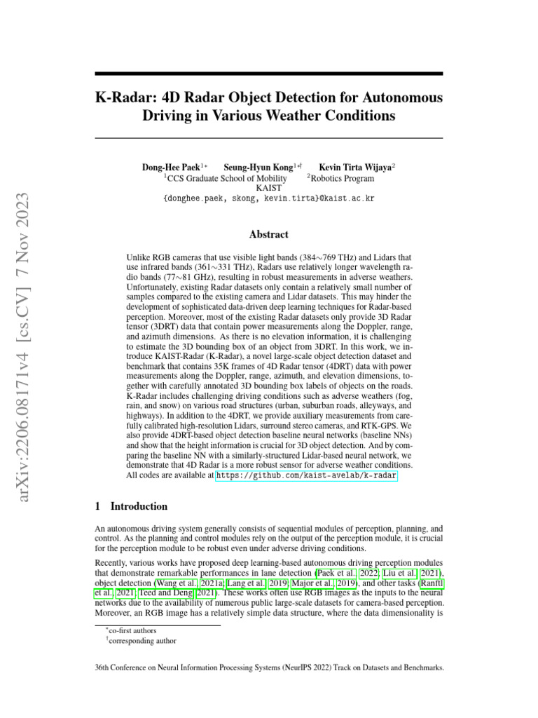 K-Radar - 4D Radar Object Detection | PDF