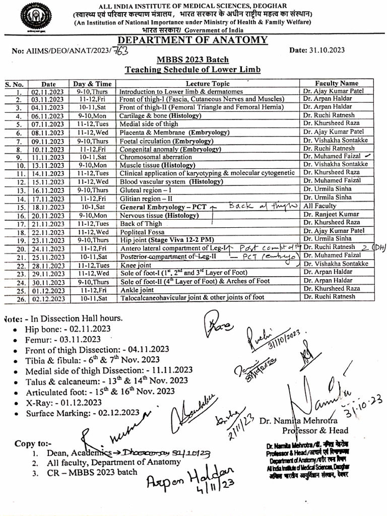 MBBS 2023 Batch Teaching Schedule of Lower Limb Revised | PDF