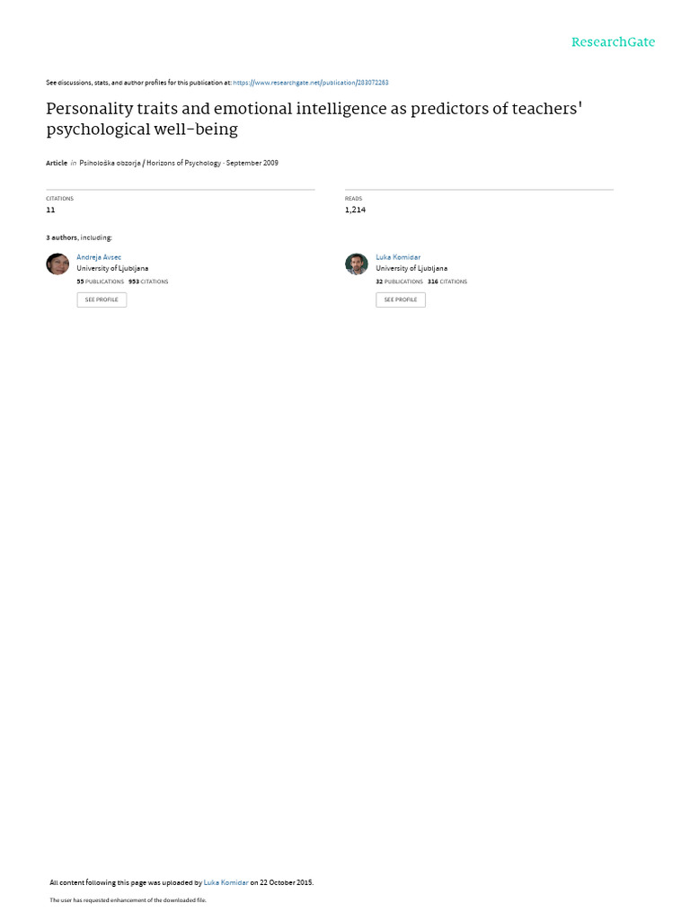 Personality Traits and Emotional Intelligence As Predictors - OSOBNOST | PDF | Emotional ...