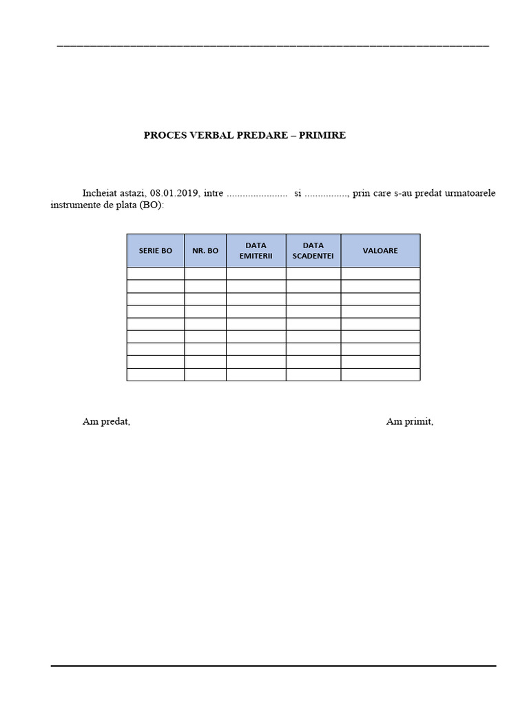 Proces Verbal Predare - Primire: Serie Bo Nr. Bo Data Emiterii Data ...