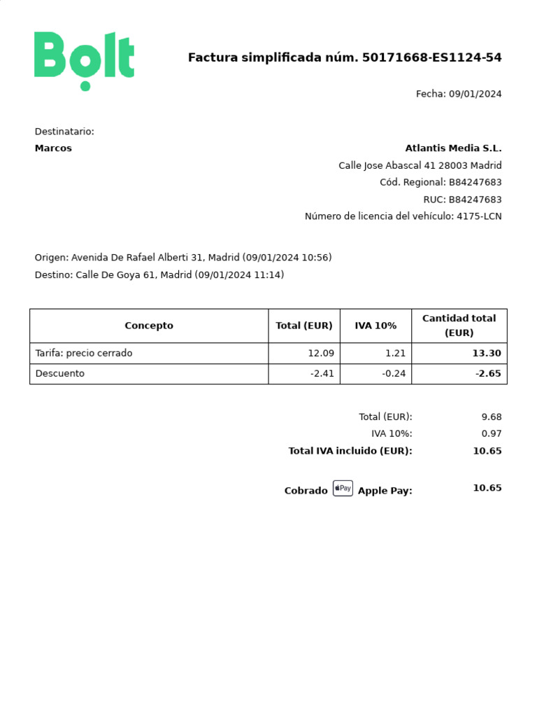 Ride Invoice From Bolt | PDF