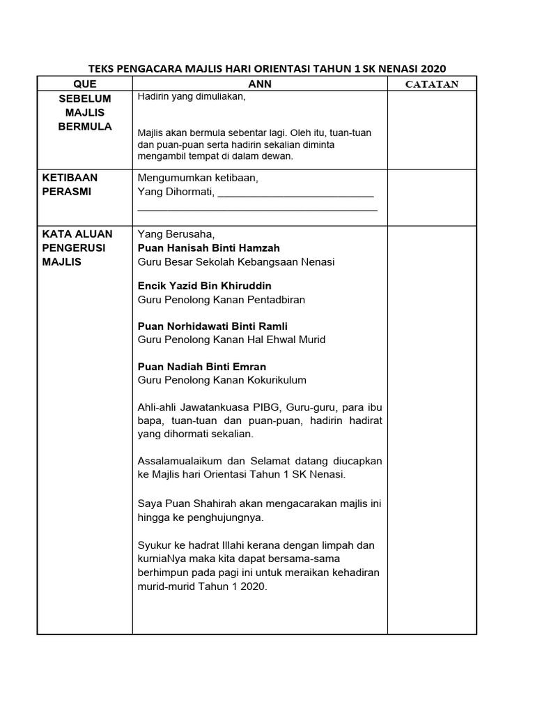 Teks Emcee Orientasi Tahun 1 | PDF