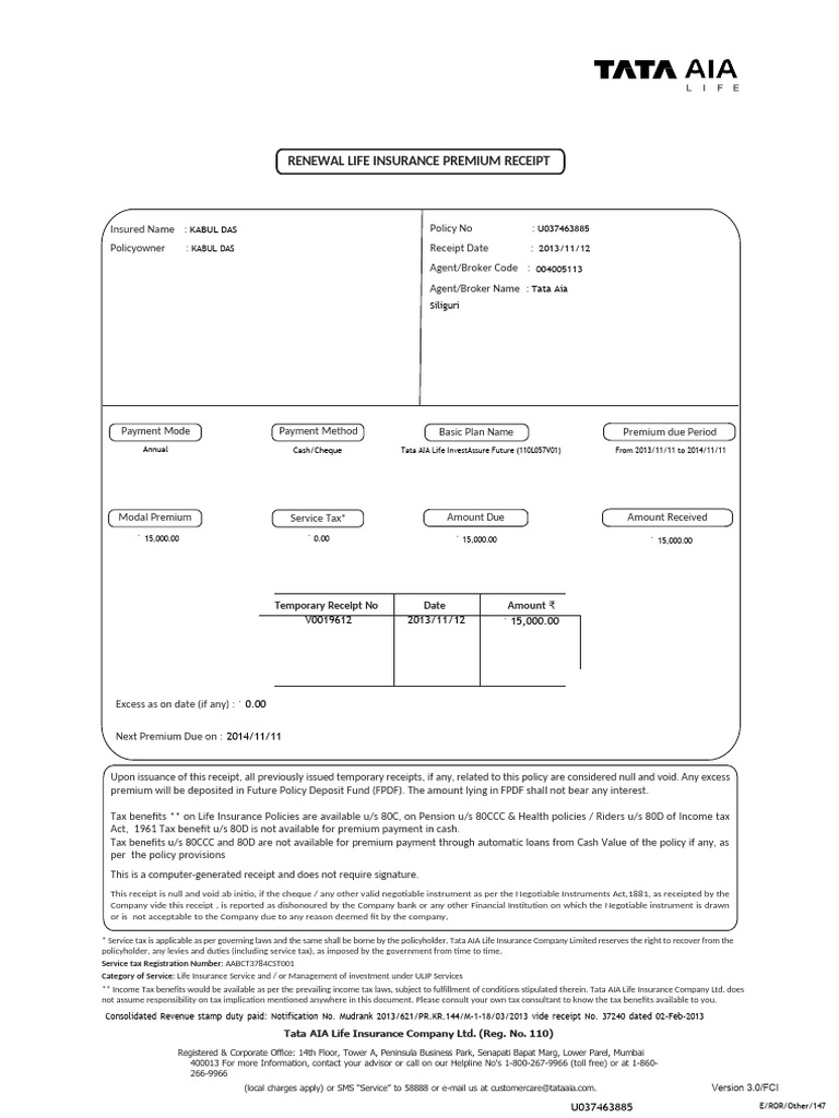 TATA Premium Receipt | PDF | Insurance | Life Insurance