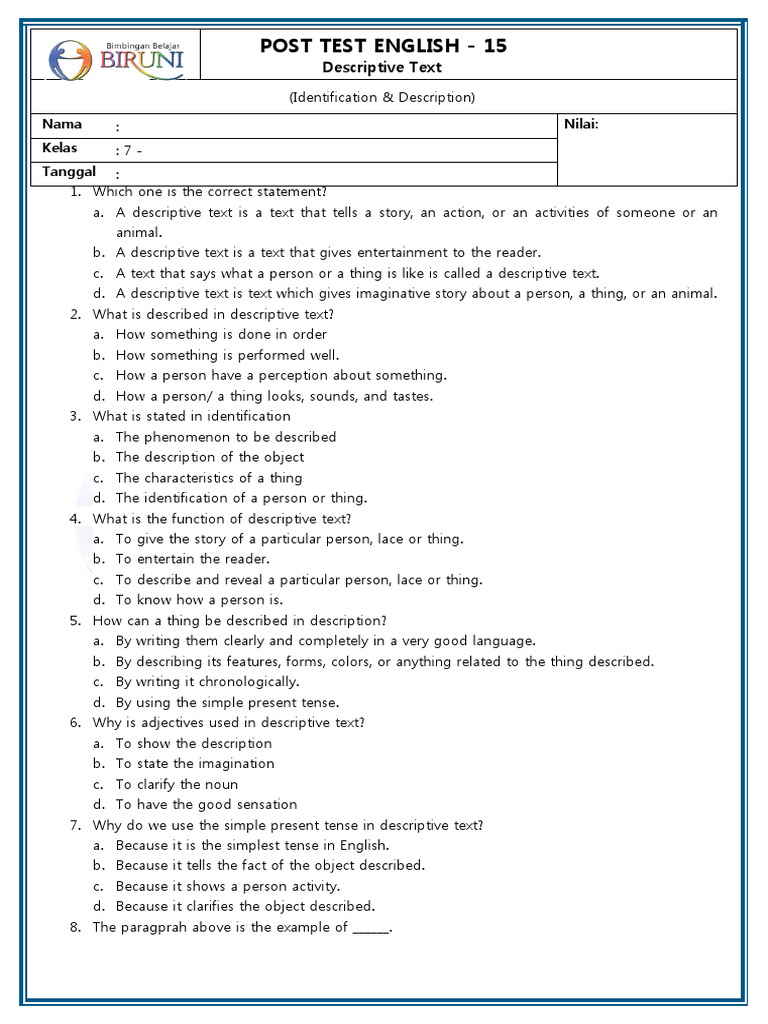 POST TEST ENGLISH - 18 Kelas 7 Descriptive Text (Identification ...