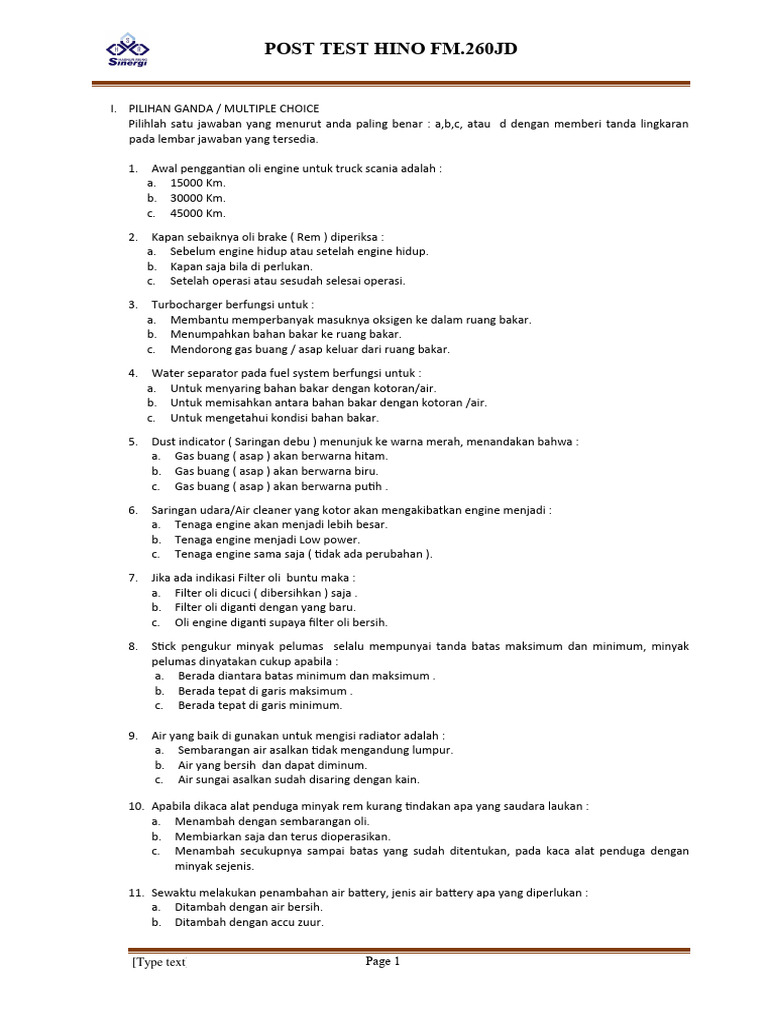 1.post Test HINO FM.260 JD | PDF