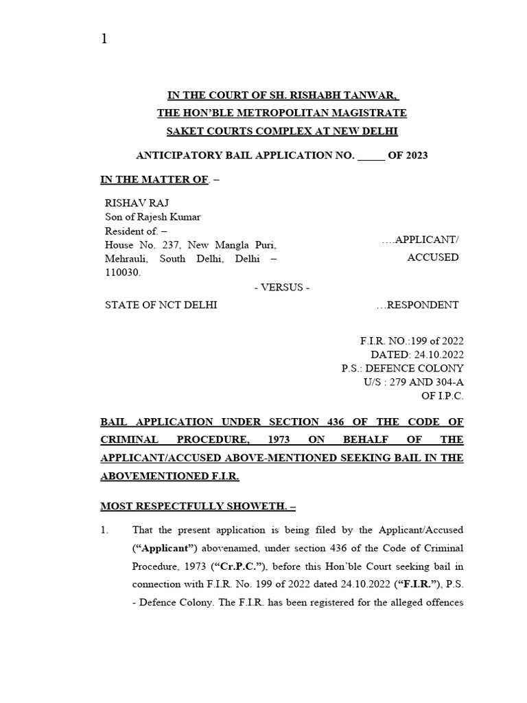 Bail Application - 436 - Rishav Raj - 13.07.2023 | PDF | Bail | Crime & Violence