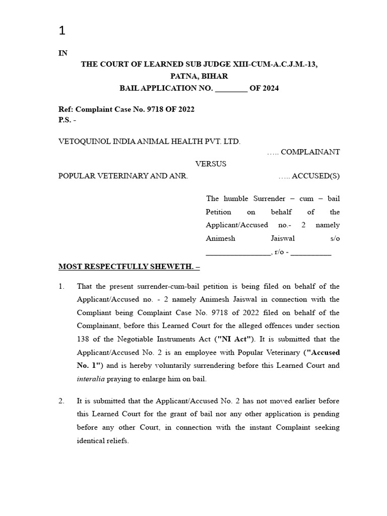 Draft - Surrender Cum Bail - 138 NI Act - Patna - 17.01.2024 | PDF