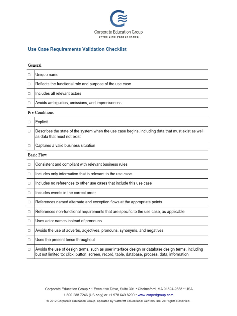 Use Case Requirements Validation Checklist | PDF | Use Case | Databases