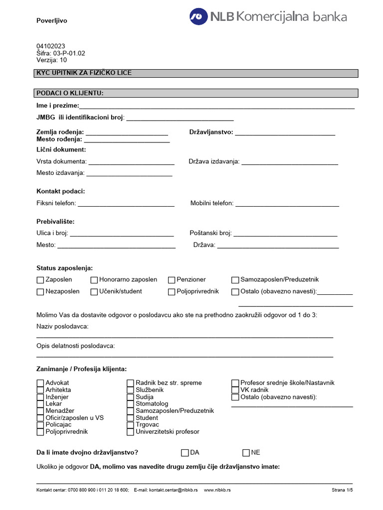 KYC Upitnik Za Fizicko Lice | PDF