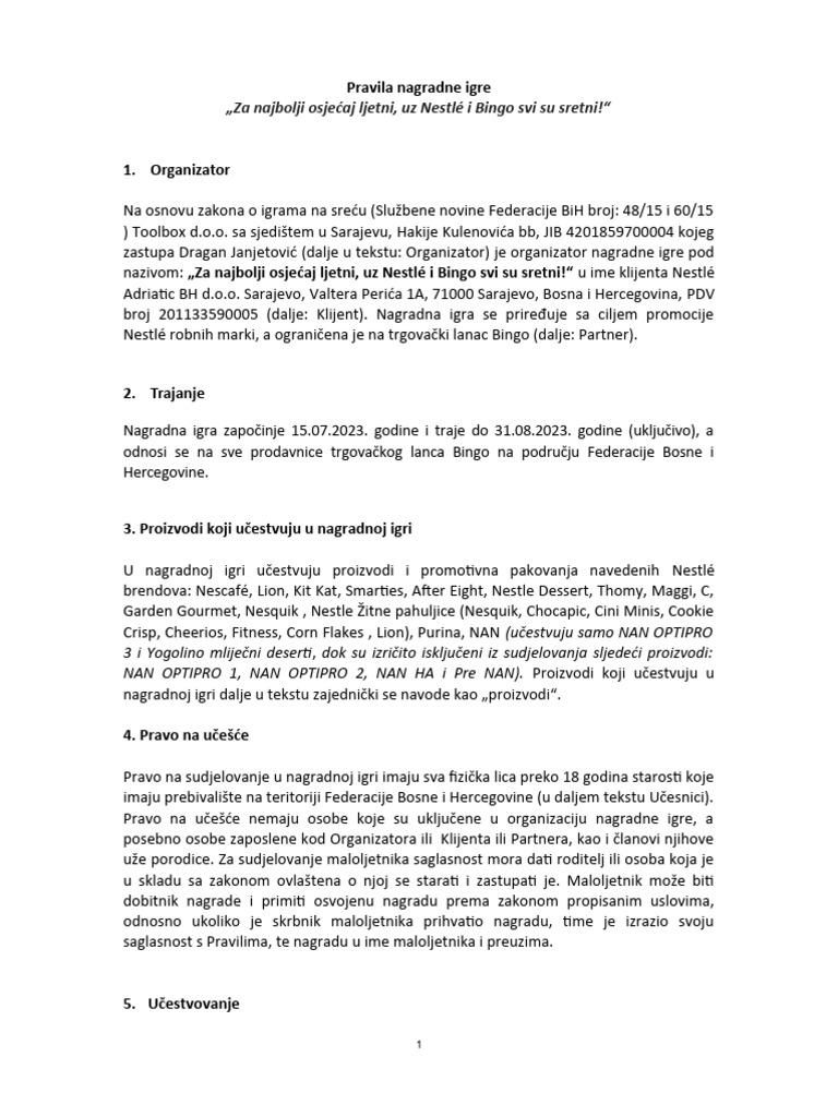 Pravilnik PWG Bingo BiH 2023 FBiH | PDF