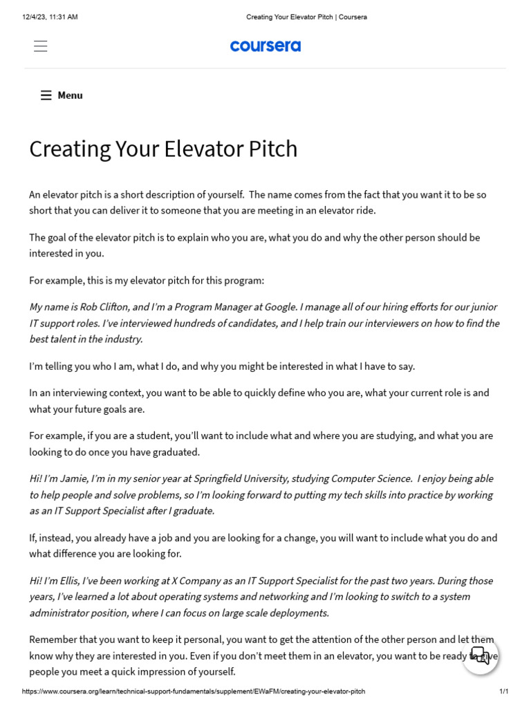Crafting Your Elevator Pitch | PDF