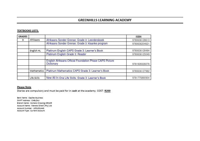 Grade 3 Textbook List and Details | PDF