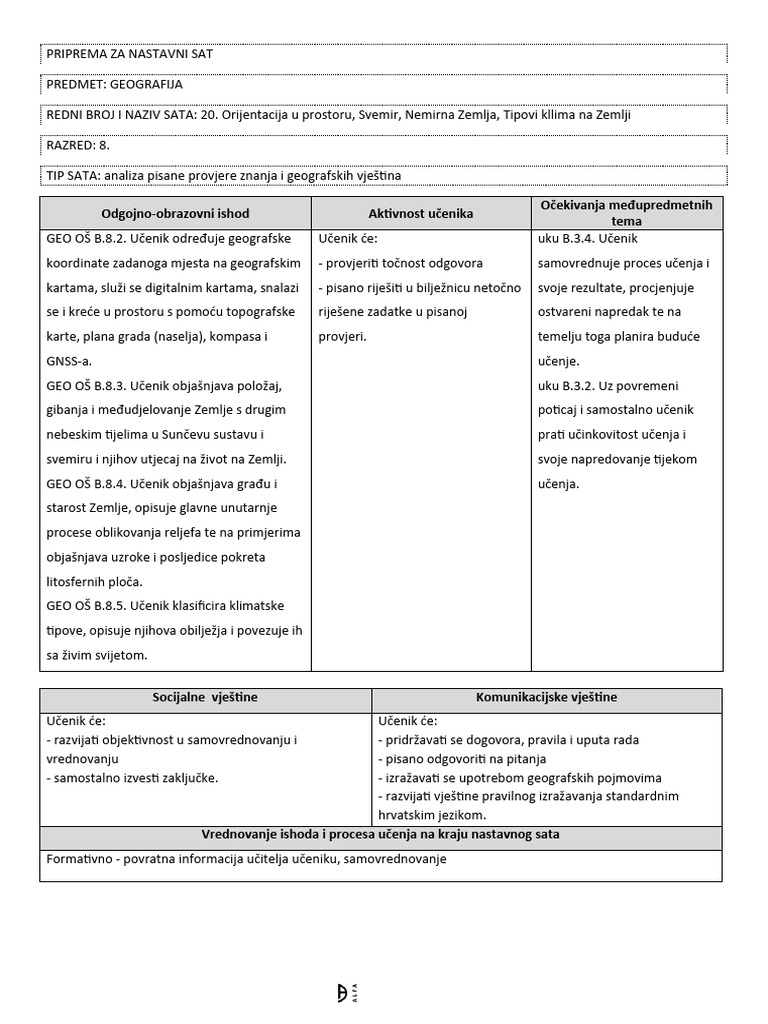 Orijentacija U Prostoru, Svemir, Nemirna Zemlja, Klima Na Zemlji - Analiza 1. Pisane Provjere ...