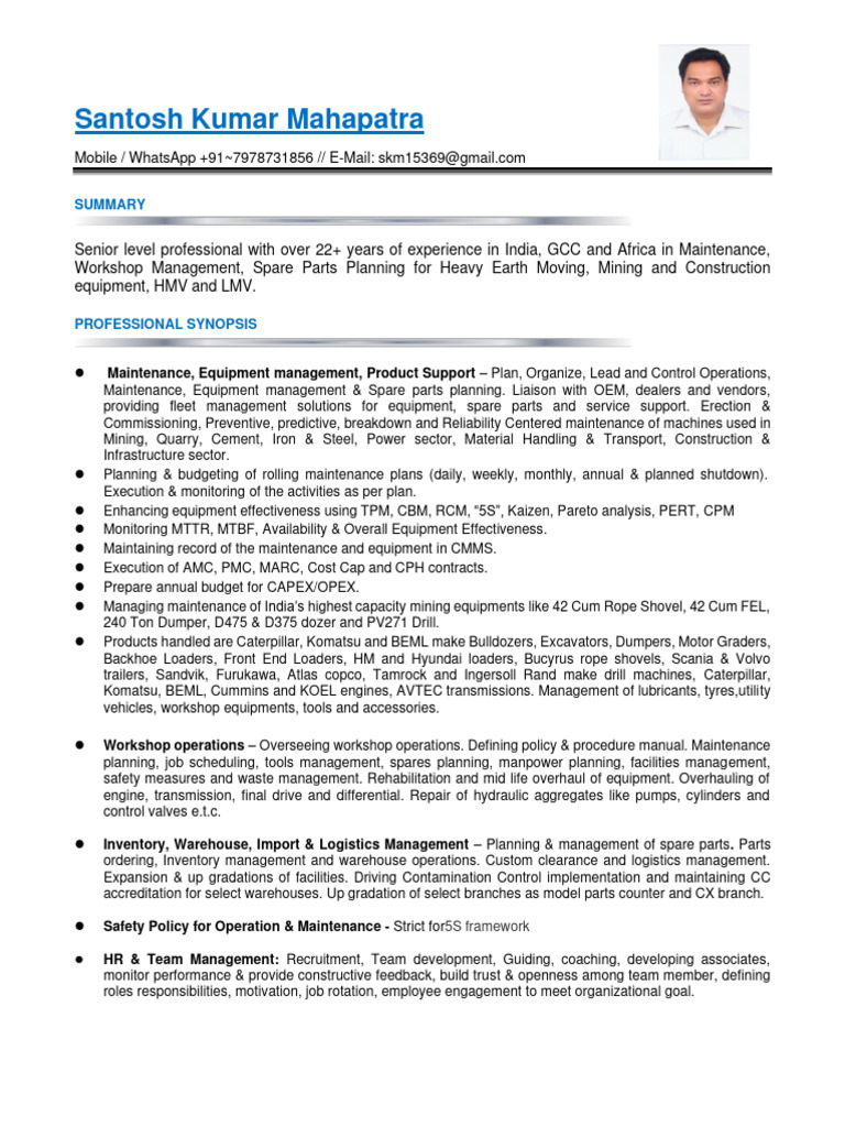 Santosh Mahapatra Updated - CV PDF | PDF | Loader (Equipment) | Heavy Equipment