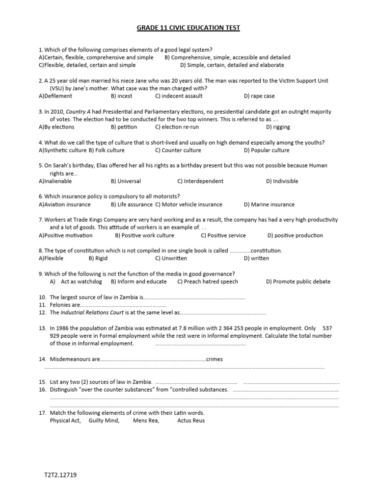 Grade 11 Civic Test 3 2023 | PDF