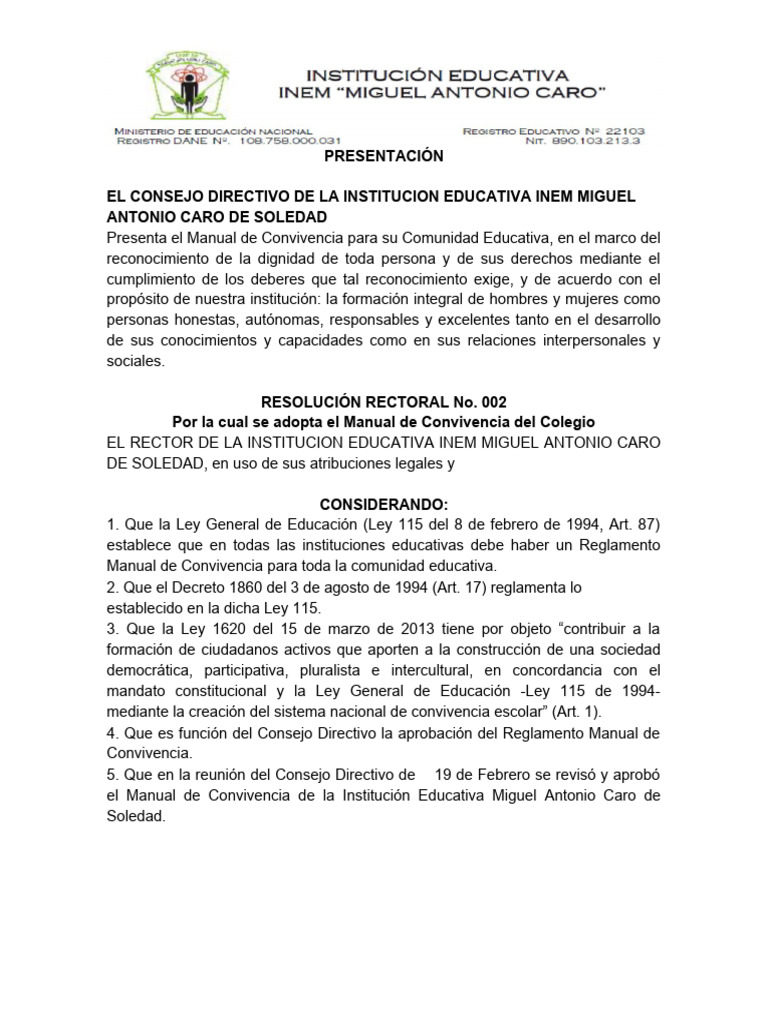 Manual de Convivencia INEM | PDF | Plan de estudios | Institución