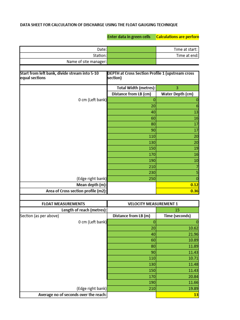 Float Gauging Discharge Calculation | PDF | River | Length