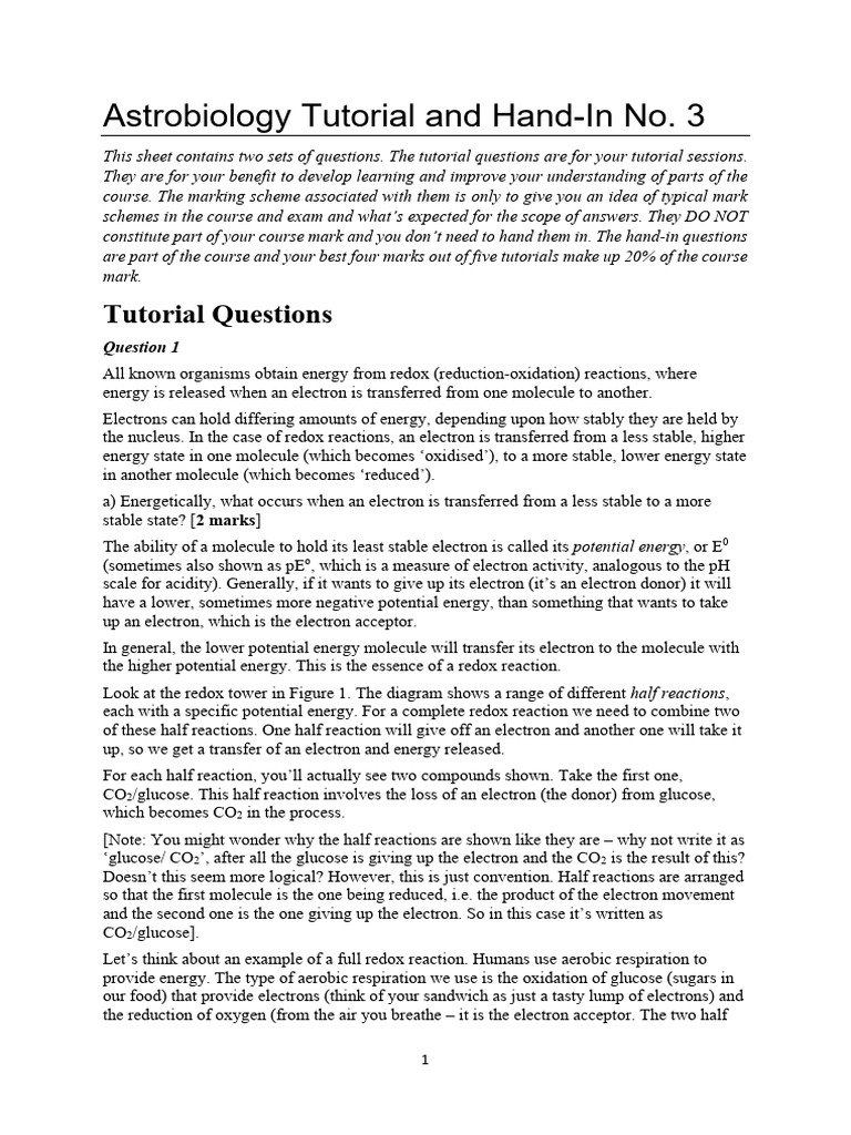 Astrobiology Tutorial and Hand-In Sheet No 3 | PDF