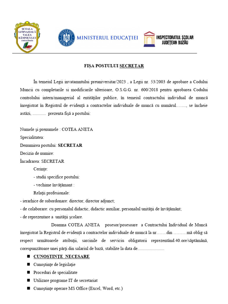 Fisa Post Secretar | PDF