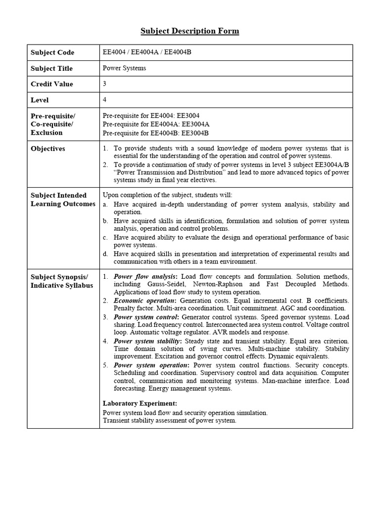 Power Systems Course Overview EE4004 | PDF | System | Experiment