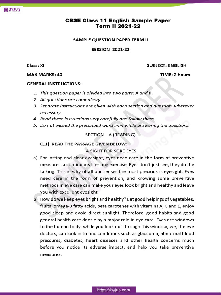 CBSE Class 11 English Sample Paper Set 5 | PDF | Glasses | Vegetables
