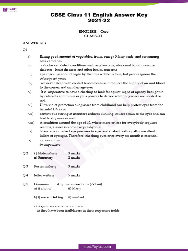 CBSE Class 11 English Answer Key Set 4 | PDF | Glasses | Glaucoma