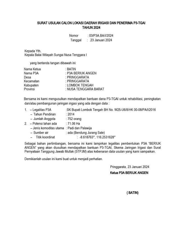 Surat Usulan P3TGAI - Ingin Makmur | PDF