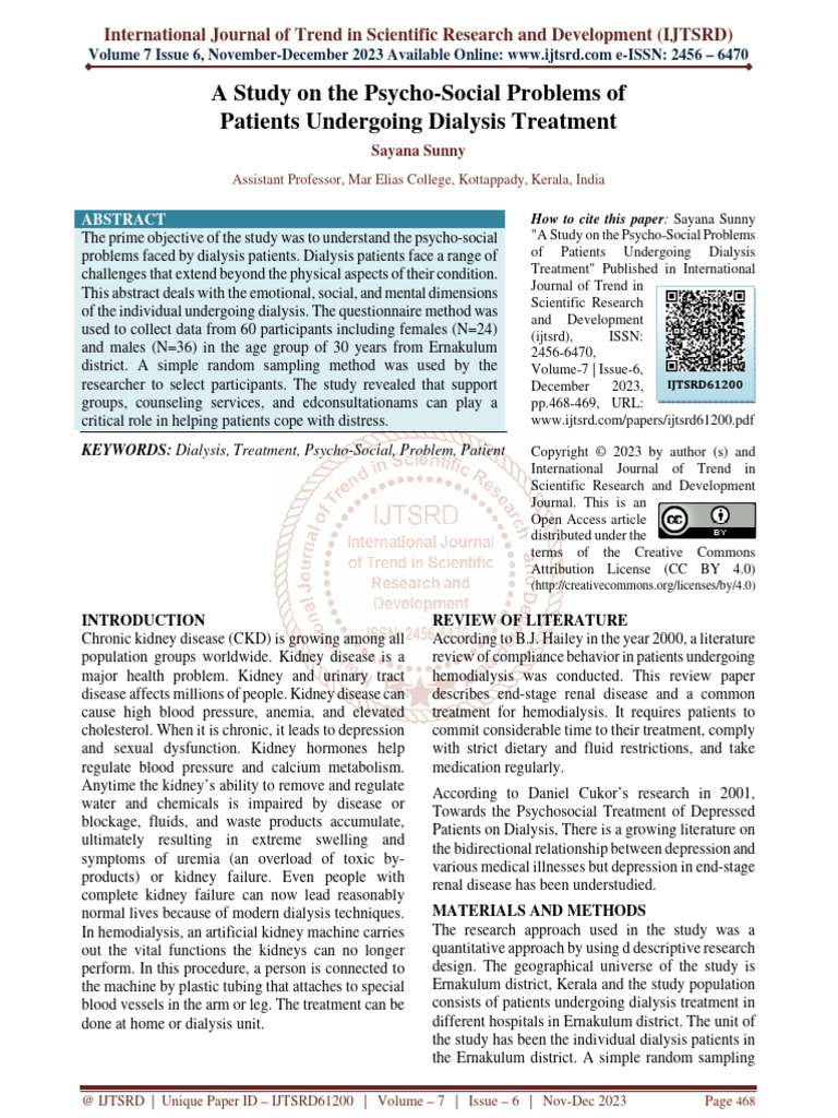 A Study On The Psycho Social Problems of Patients Undergoing Dialysis ...