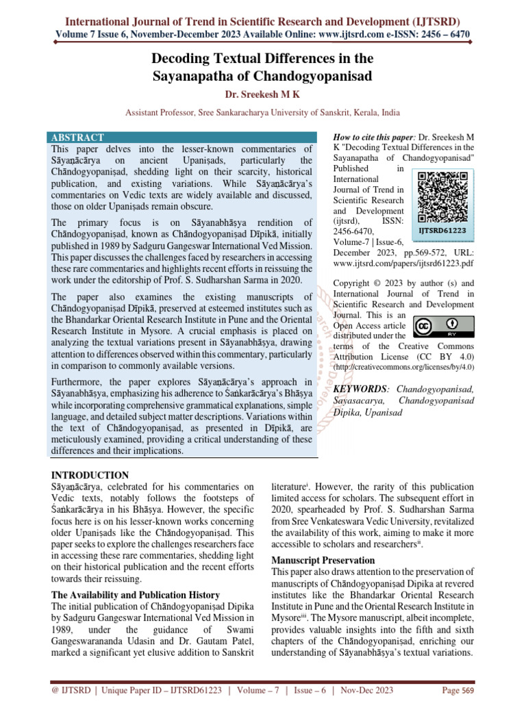 Decoding Textual Differences in The Sayanapatha of Chandogyopanisad | PDF