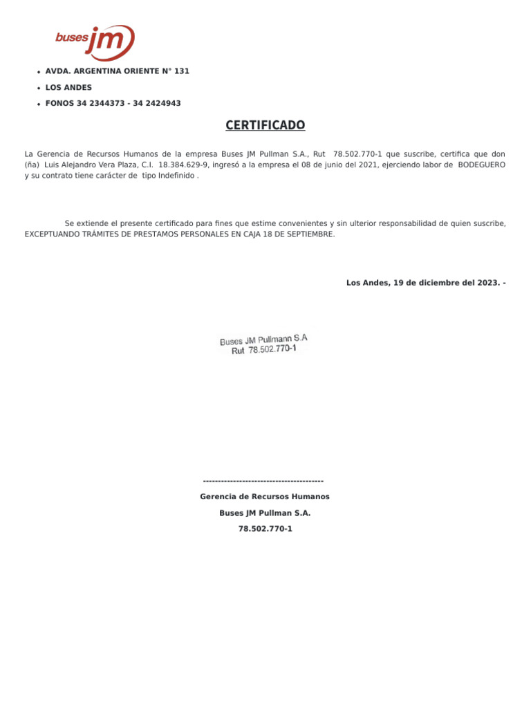 2023 12-19 19-10 Certificado Antiguedad JM Luis Alejandro Vera Plaza F1 | PDF