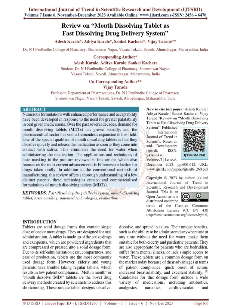 Review On "Mouth Dissolving Tablet As Fast Dissolving Drug Delivery ...