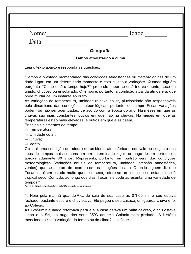 Atividade de Revisão - Geografia Ag. C. 13. 12 | Download grátis PDF | Clima | Chuva