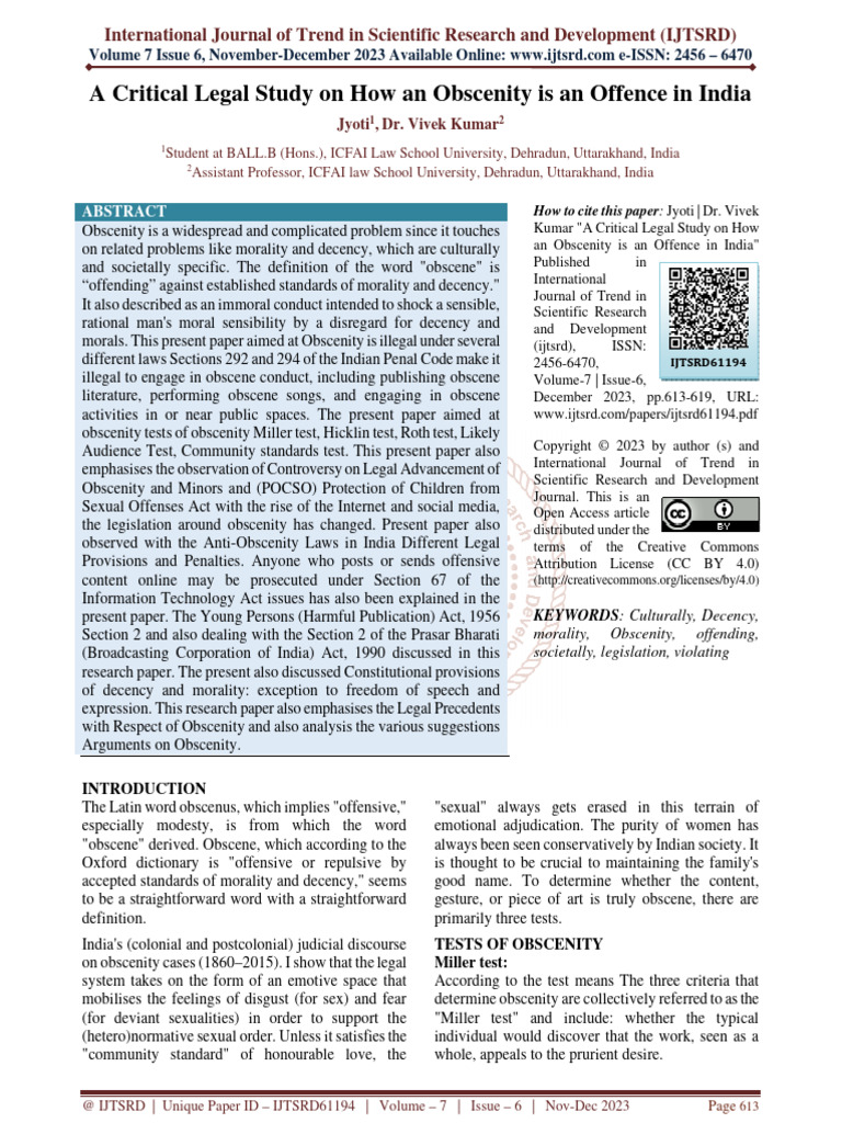 A Critical Legal Study On How An Obscenity Is An Offence in India | PDF ...