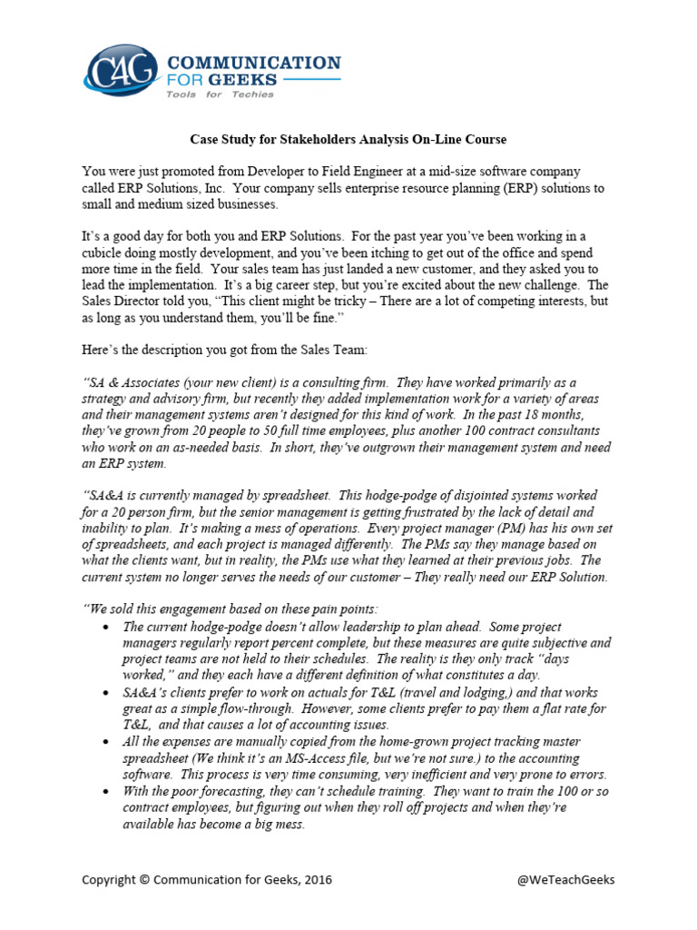 Case Study For Stakeholders Analysis | PDF | Enterprise Resource ...
