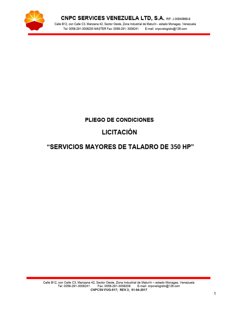 Pliego Taladro de 350 HP | PDF | Oferta (economía) | Venezuela