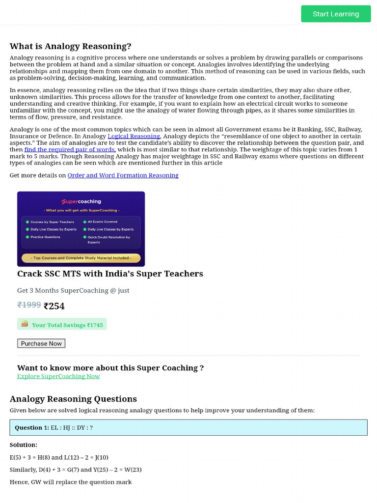 Analogy Reasoning - Key Concepts, Analogy Questions With Answers | PDF