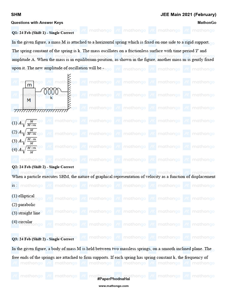 SHM Questions for JEE Mains 2021 | PDF | Oscillation | Mechanical ...