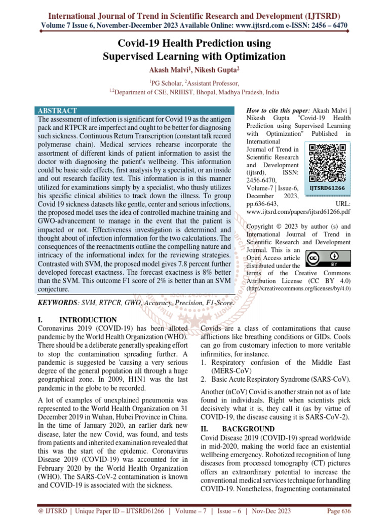 Covid 19 Health Prediction Using Supervised Learning With Optimization ...