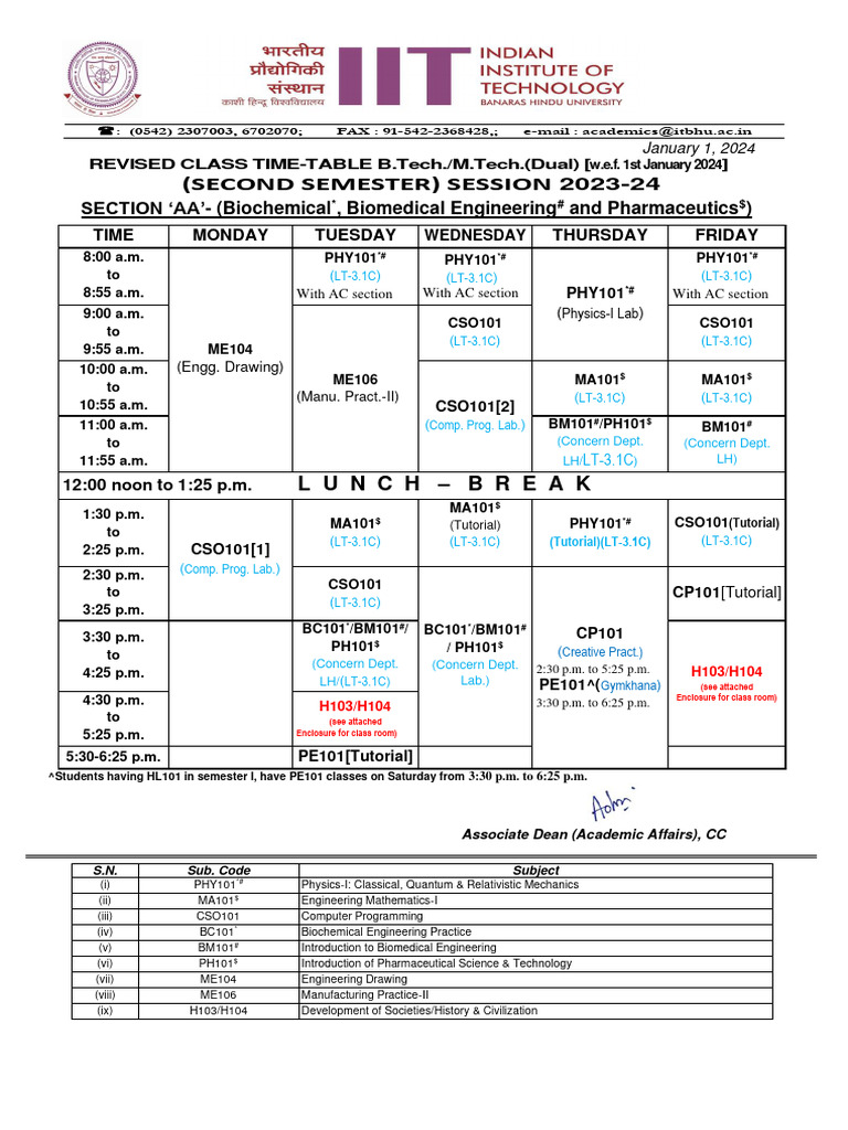 Time-Table For Sem-II 2023-24 - 01.01.2024 - V3 | PDF | Academic Term | Engineering
