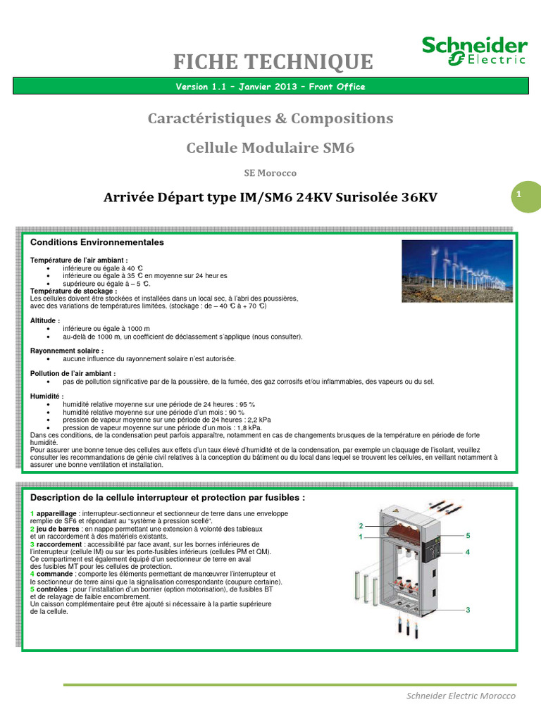 Fiche Technique Cellule SM6 24/36kV | PDF | Interrupteur | Atmosphère ...